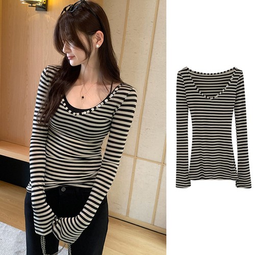 Sophisticated Vintage Style Women's Black and White Stripe Tee Fall ...