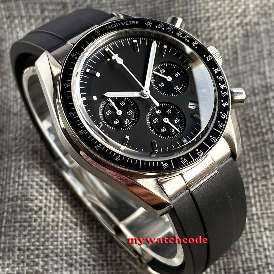 40mm Bliger black sterile dial steel case Full Chronograph Quartz Mens ...