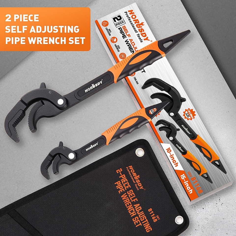 Heavy Duty Pipe Wrench Set, 10” and 15” Self-Adjusting Pipe Wrenches ...