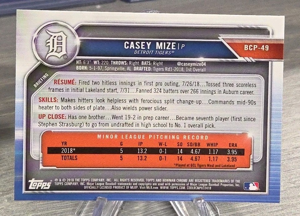 Casey Mize 2019 Bowman Chrome Mojo Refractor 1st Bowman #BCP-49 Detroit Tigers | eBay