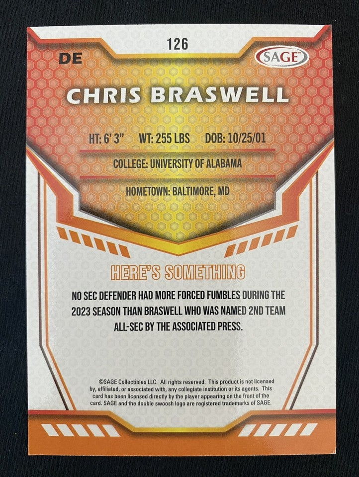 2024 Sage Purple Chris Braswell RC #126 Alabama/Tampa Bay Buccaneers | eBay