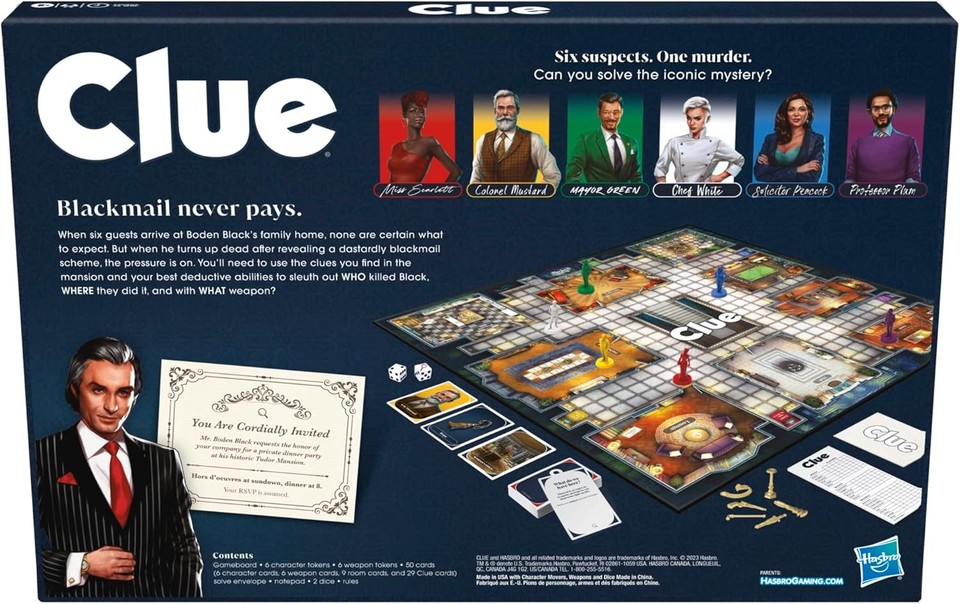Clue Board Game for Ages 8 and Up, Reimagined Clue Game for 2-6 Players ...