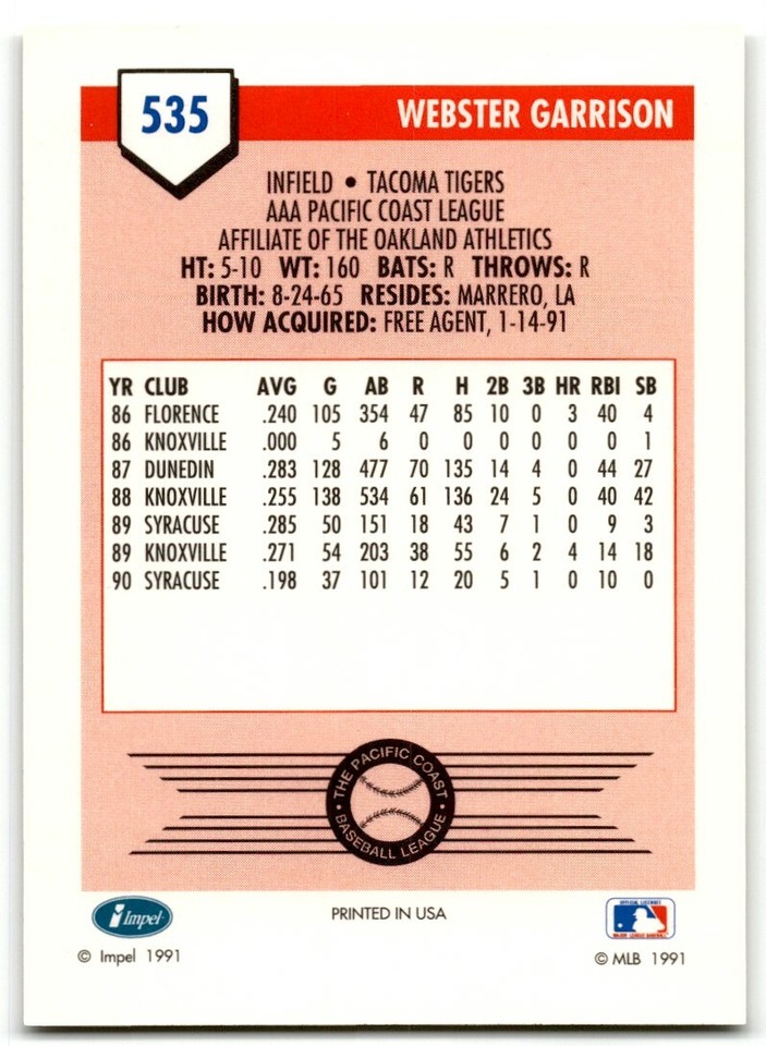 1991 Line Drive AAA Webster Garrison Tacoma Tigers #535 | eBay