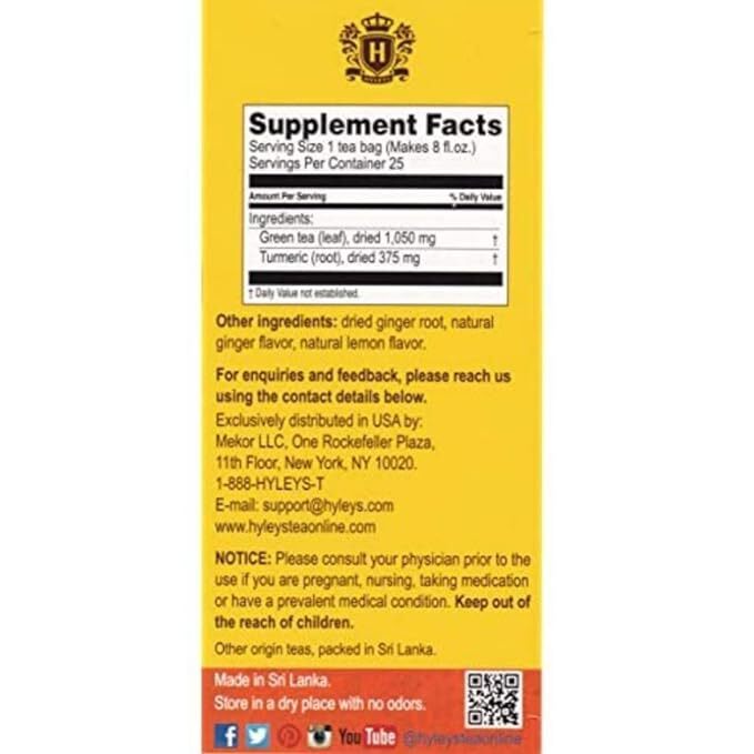 Hyleys 100% Natural Turmeric Tea Green Tea w/ Ginger & Lemon Flavor, 25 ...