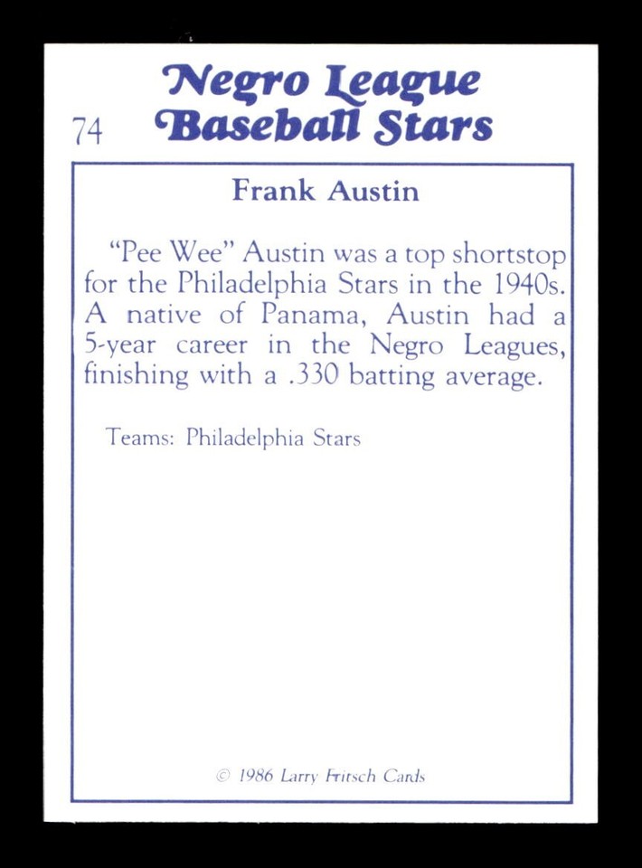 1986 Fritsch Negro League Stars #74 Frank Austin Stars NEAR MINT *j9 | eBay