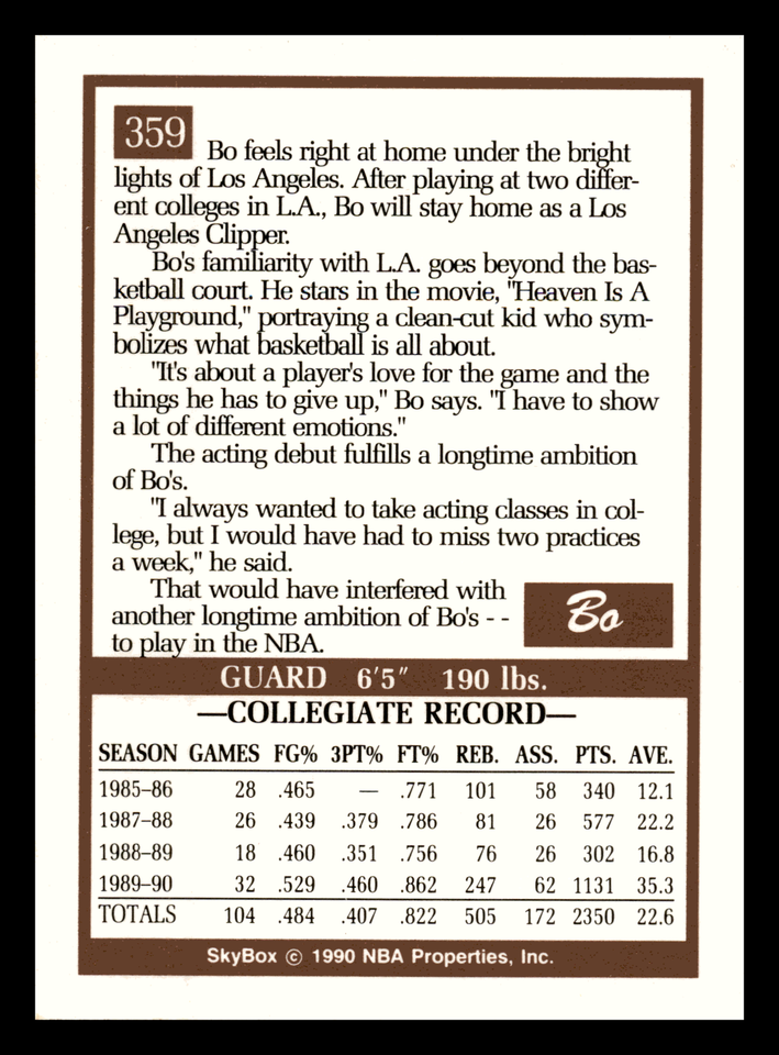 Bo Kimble RC 1990 SkyBox #359 Rookie Los Angeles Clippers Centered Mint ...