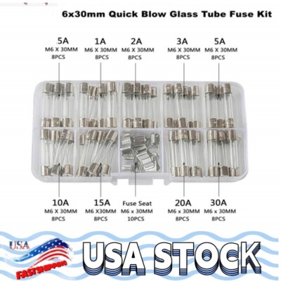 AGC Auto Glass Fuse 0.5A to 30A ( 6mm X 30mm) Kit (9)Assorted Sizes W ...