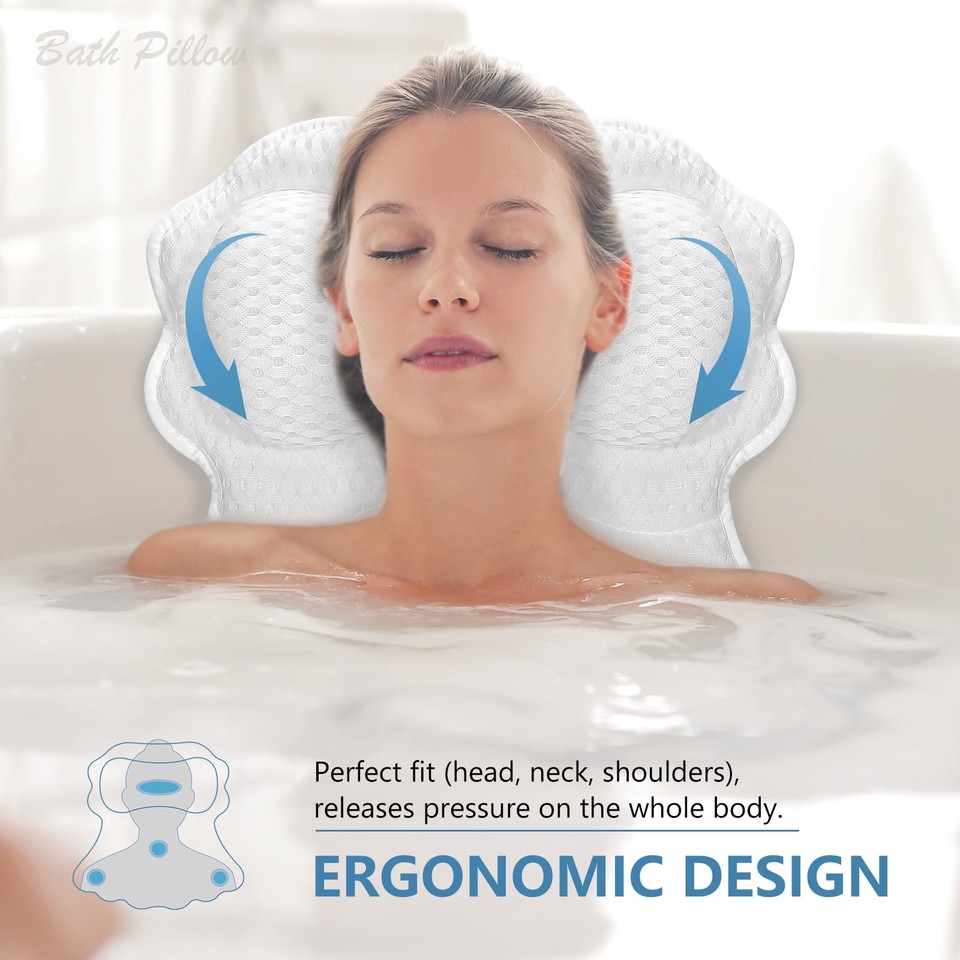 Ergonomic Bath Pillow for Neck and Back Support - 6 Suction Cups, Soft ...