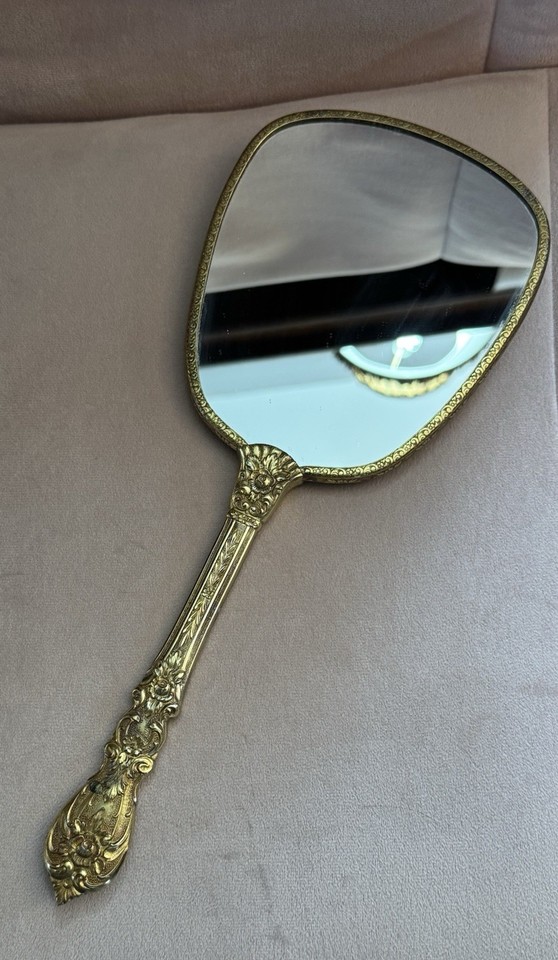 Vintage Gold Plated Art Deco Hand Mirror Raised Floral Design | eBay