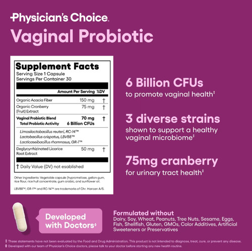Physician’s Choice Vaginal Probiotic 30 Caps – pH Balance, Cranberry ...