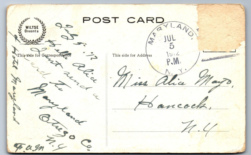 1912 MARYLAND, NY, MAIN STREET OTSEGO CTY TO ALICE MAYO HANCOCK NY ...