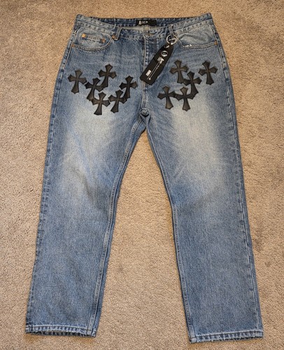 Alive Jeans with Black Chrome Hearts Cross Patch Blue Denim Button Men ...