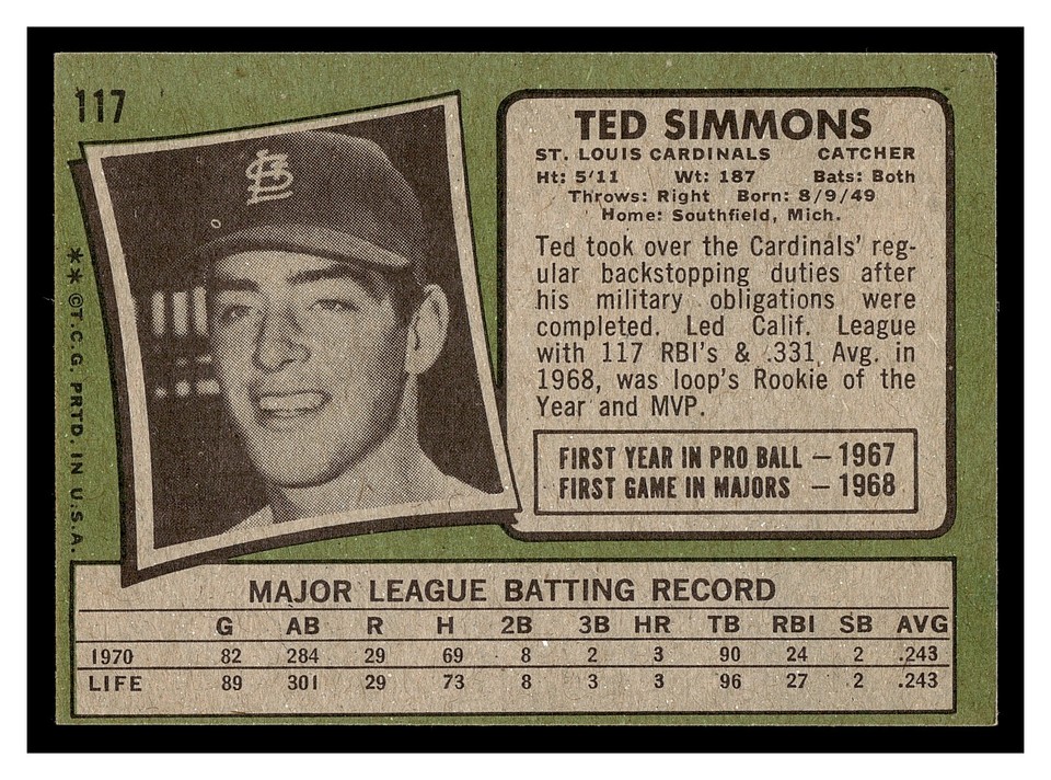 1971 TOPPS TED SIMMONS #117 ROOKIE CARD HOF CARDINALS HIGH GRADE NO ...