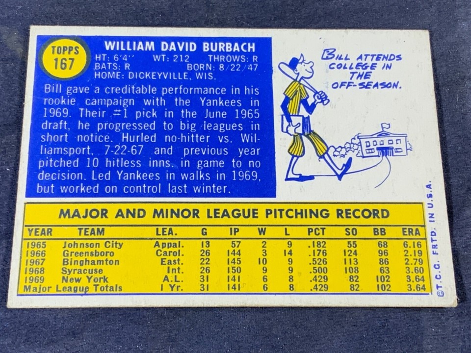 X4-75 BASEBALL CARD - BILL BURBACH NEW YORK YANKEES - 1970 TOPPS - CARD ...