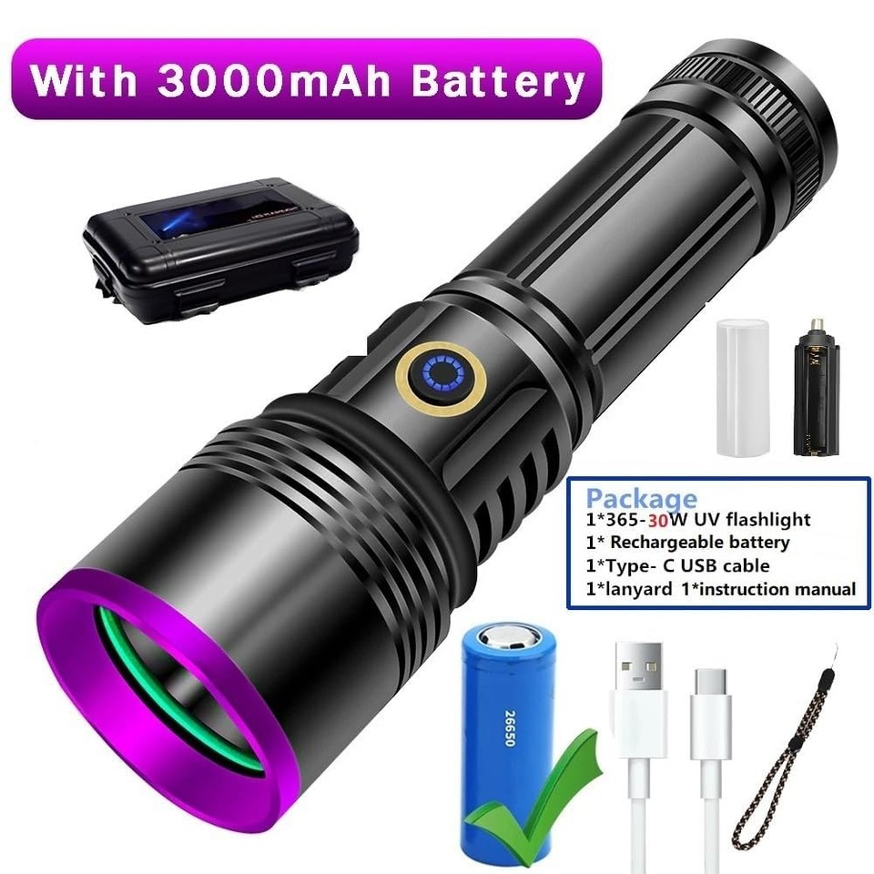 30W 365nm UV Flashlight USB Rechargeable UV Light High Power Black ...