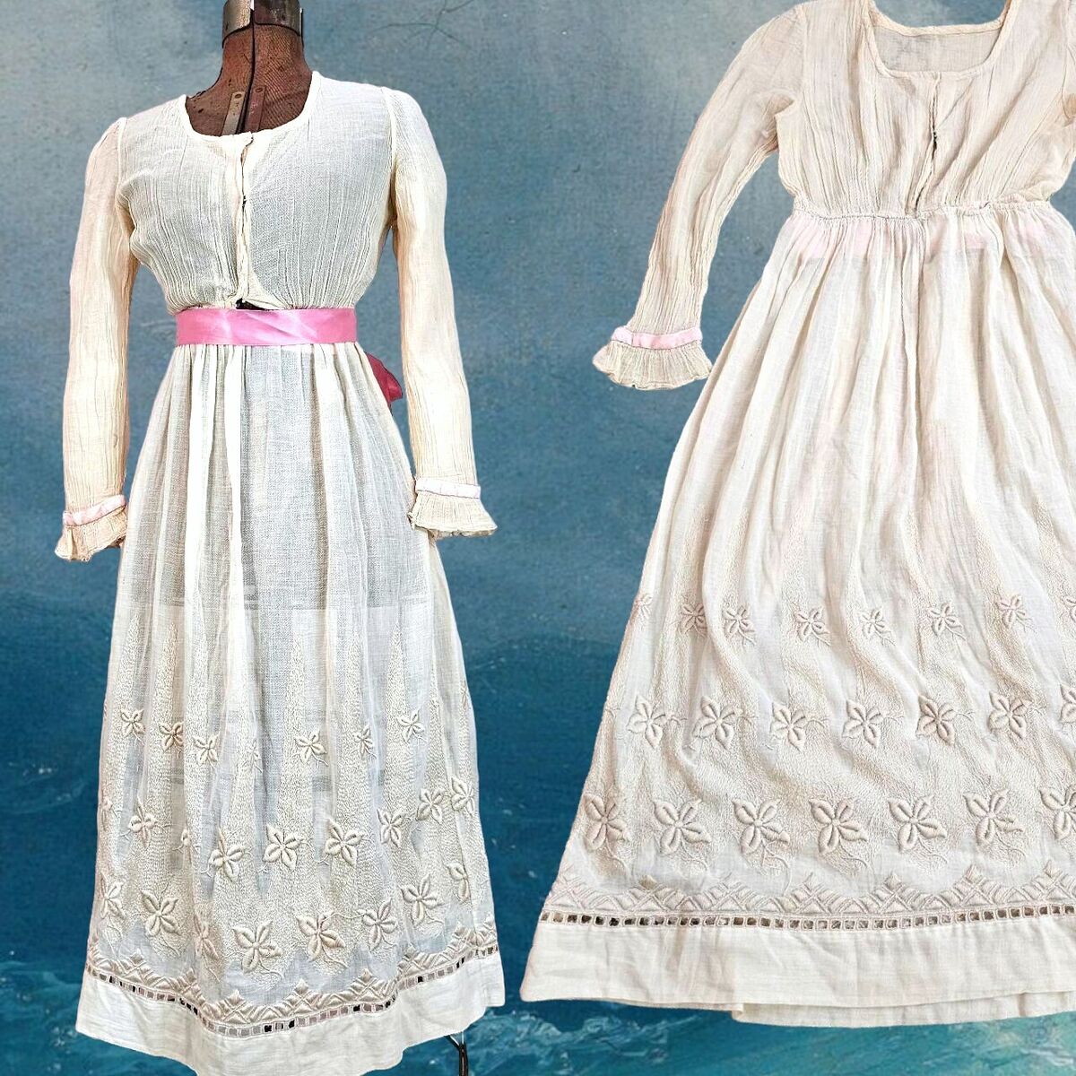 Antique Edwardian 1910s Muslin Gauzy Off White Embroidered Antique Edwardian 1910s Muslin Gauzy Off White Embroidered
