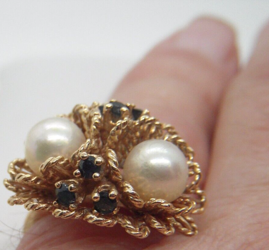 14k Solid Gold Pearl Sapphire Custom Made Dinner Ring Size 7.5 SAVE 700 ...