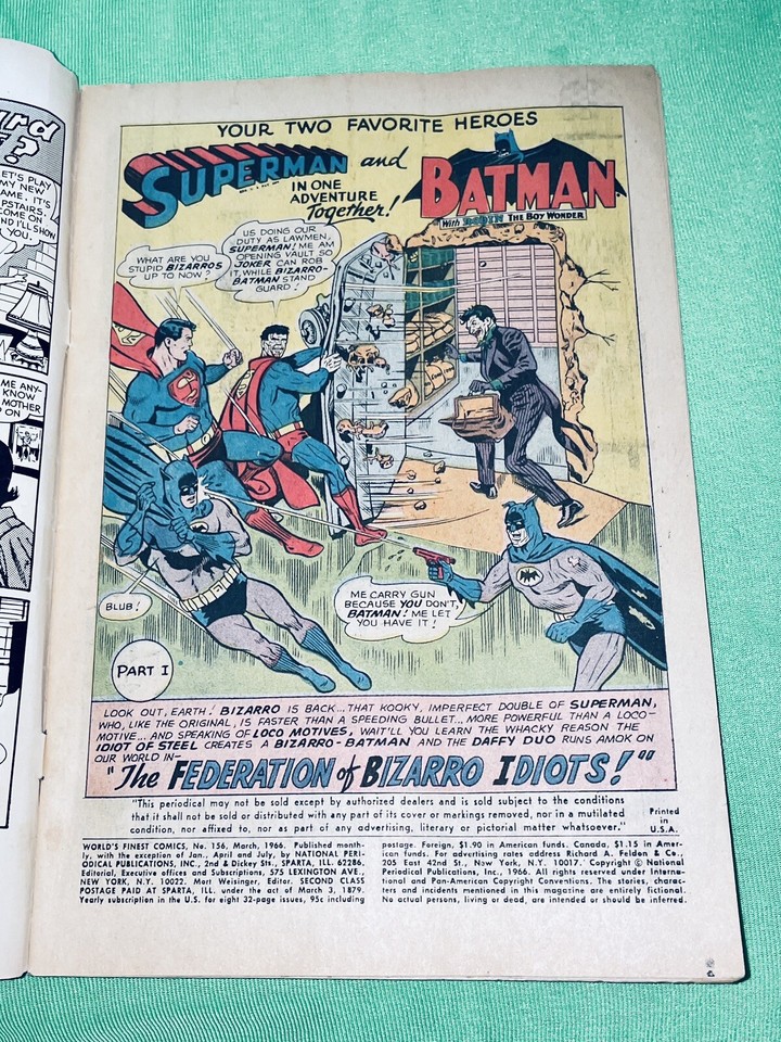 DC NATIONAL COMICS WORLD'S FINEST #156 FIRST APPEARANCE OF BIZARRO ...