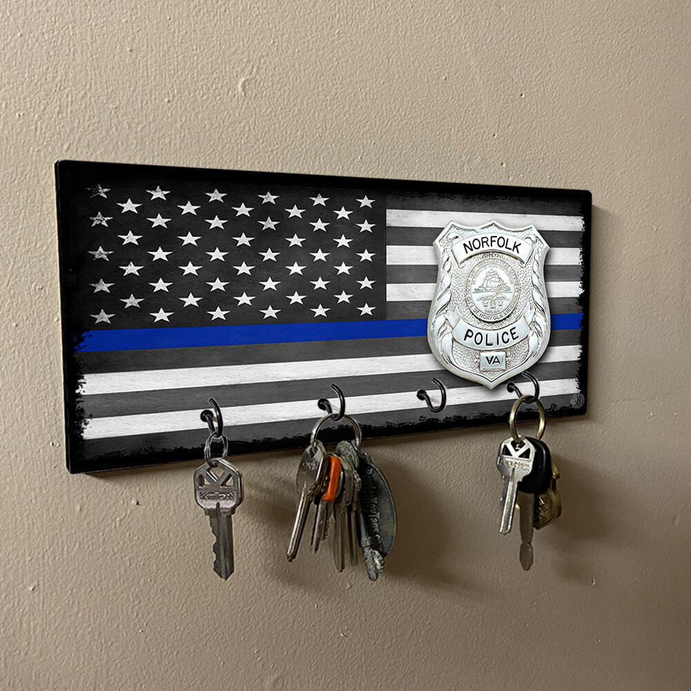 Norfolk Virginia Police Dept. Badge Design Thin Blue Line Flag Wood Key ...