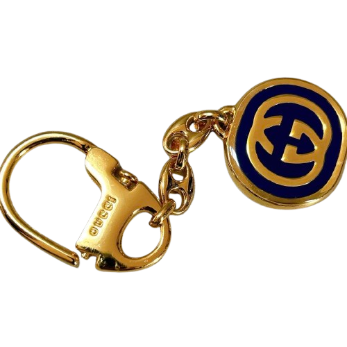 GUCCI Interlocking G Bag Charm Keyring Key Chain Gold Navy Italy ...