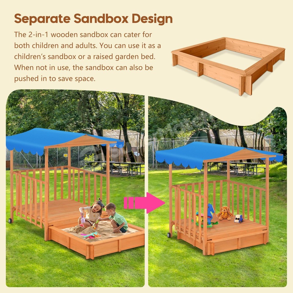 Kids Playhouse Sand Pit Wooden Box Canopy Outdoor Backyard Activity ...