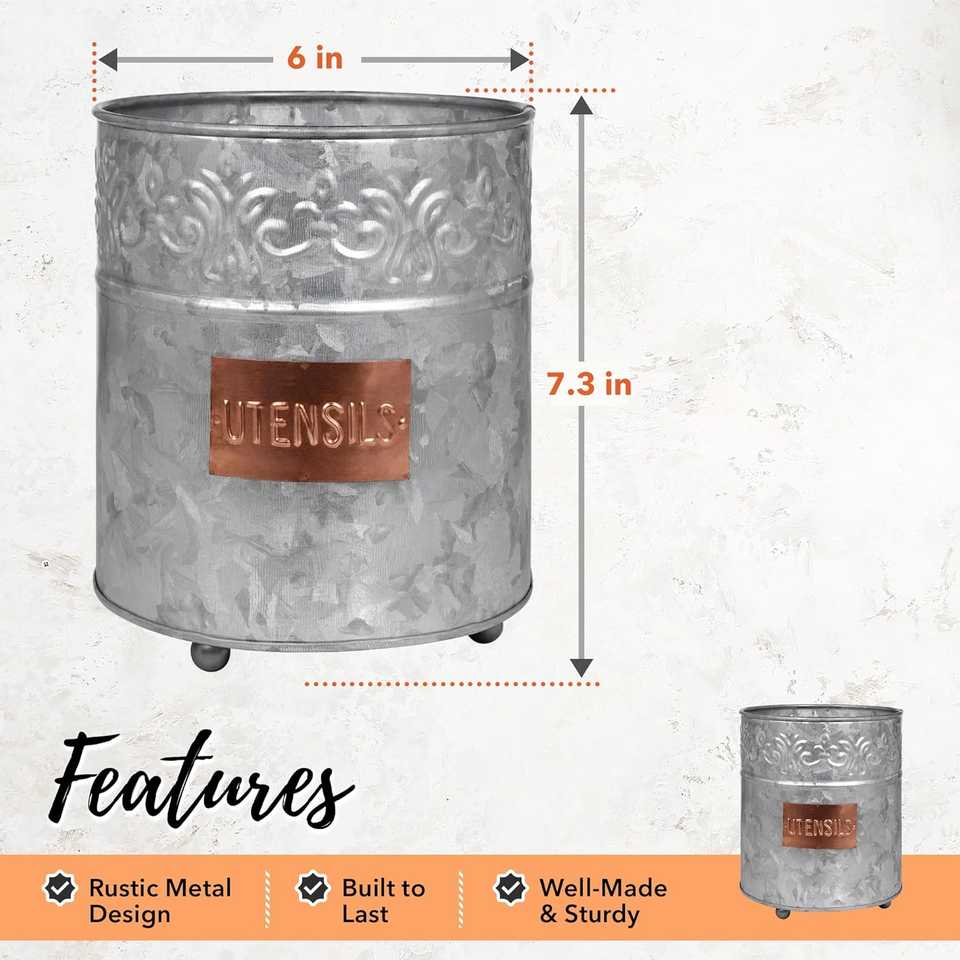 Rustic Galvanized Steel Kitchen Utensil Holder with Copper Label - 7.5 ...