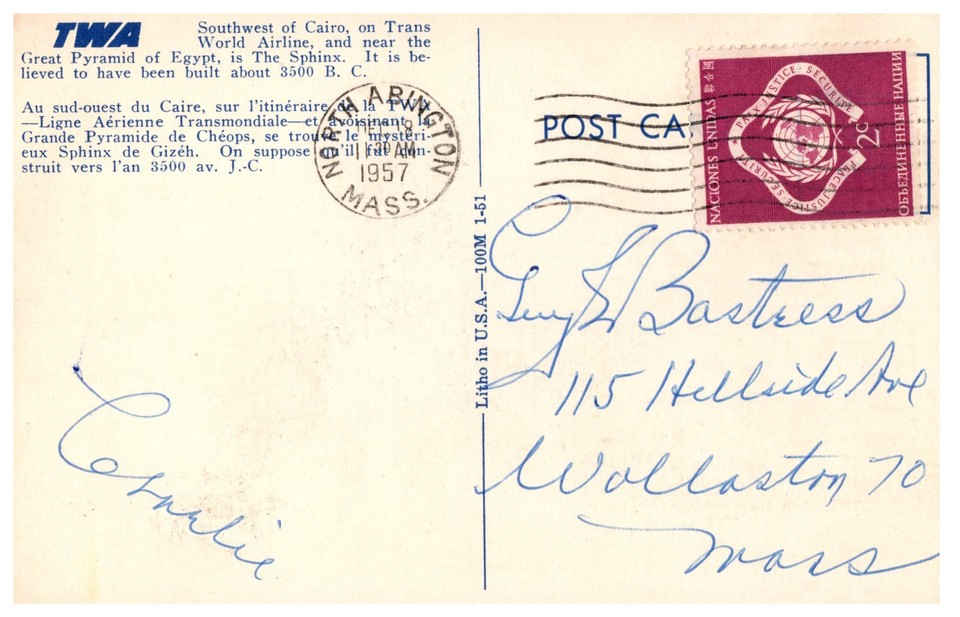 1957 Sphinx Pyramid Cairo Egypt Camel TWA Airlines Vintage Postcard PM ...