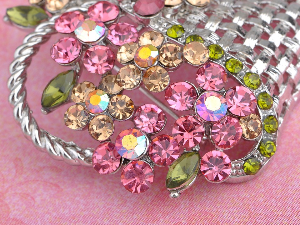 Easter Sunday Pastel Spring Flower Bouquet Rhinestone Wove Basket Pin ...
