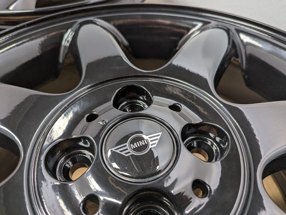 4x GENUINE GLOSS BLACK MINI COOPER S ONE 16" ALLOY WHEELS R53 R54 R55 ...