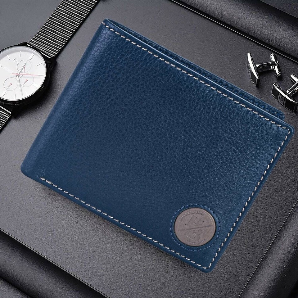 Navy Blue Bifold RFID Blocking Leather Men's Wallet Premium Quality NEW ...