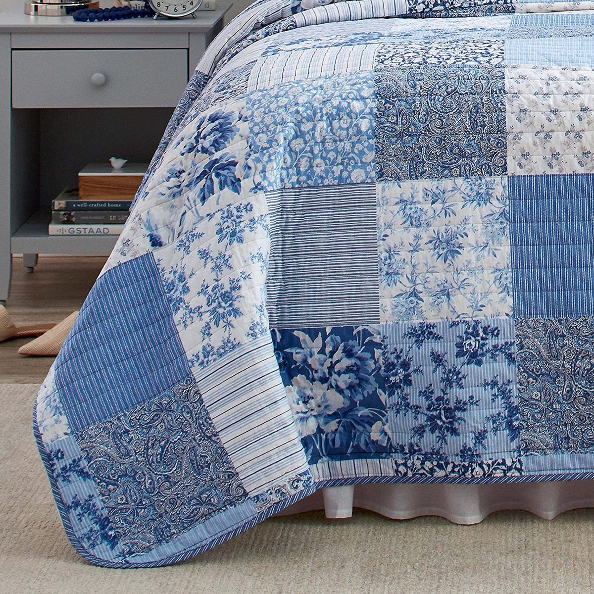 Country Chic Quilts ROMANTIC ROSE 2pc Twin QUILT SET : COTTAGE BLUE