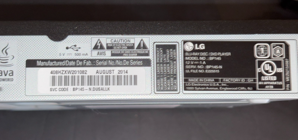 LG BP145 Blu-Ray Disc/DVD Player with Remote/Power Cord/HDMI Tested ...