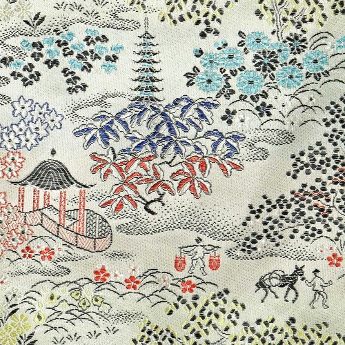 Vintage Satin Brocade Fabric Asian Pagoda Floral Landscape White Red 40 ...