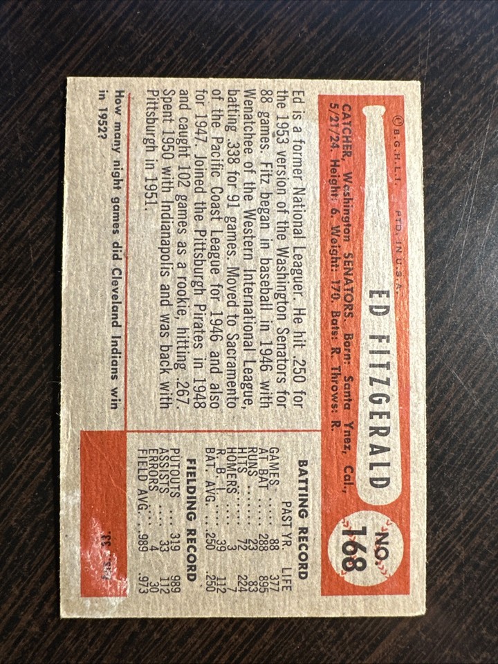 1954 BOWMAN #168 ED FITZGERALD WASHINGTON SENATORS G-VG *Hot Corner ...