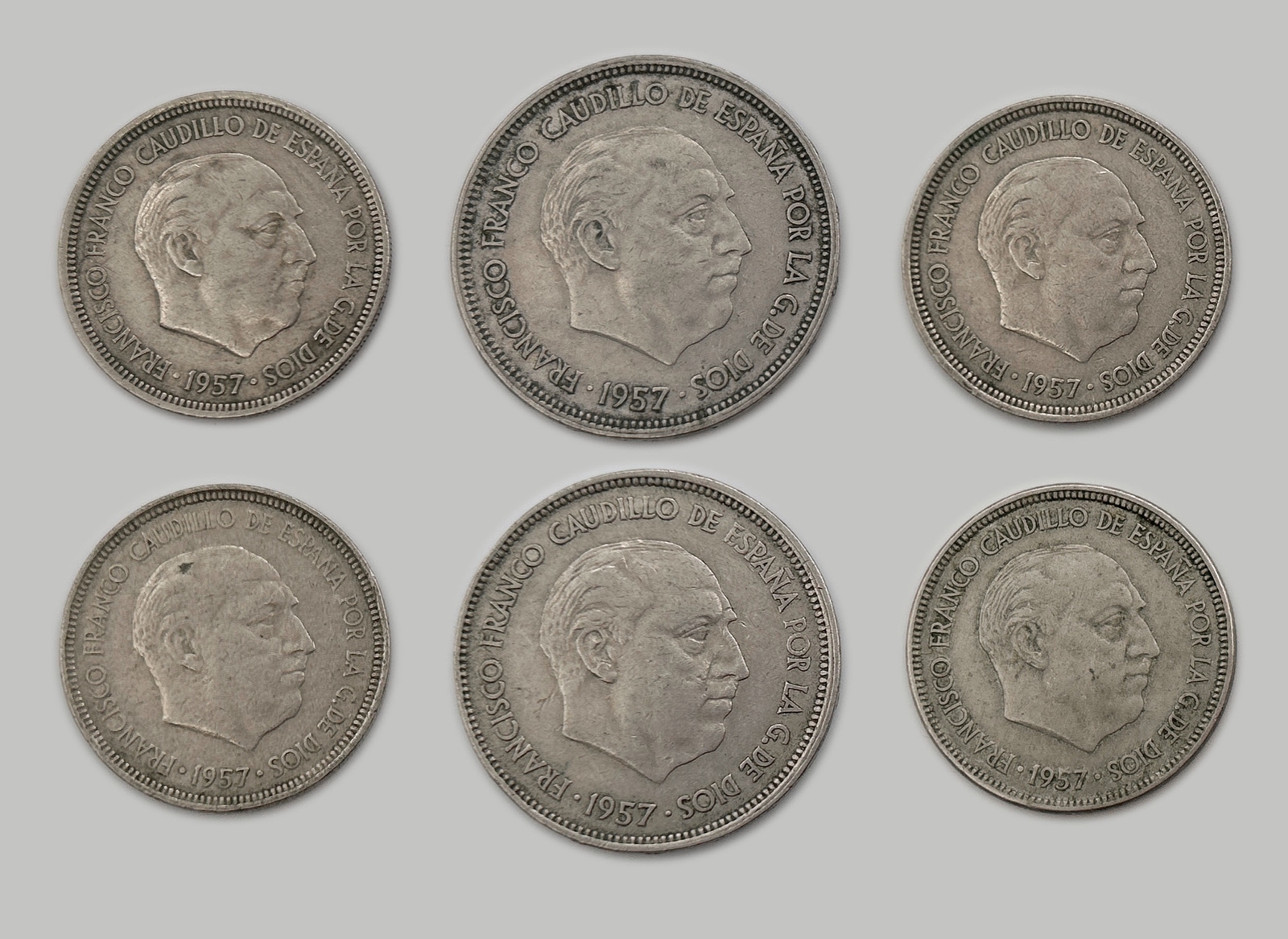 Set of (5) 1957 Spain Pesetas Coins (2) 25 Ptas (4) 5 Ptas (58) (59 ...