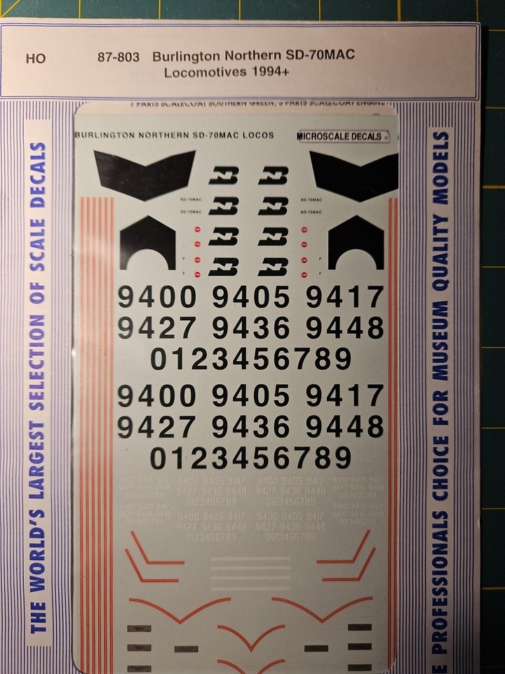 MICROSCALE DECALS HO SCALE, 87-803, BURLINGTON NORTHERN SD-70MAC, 1994 ...