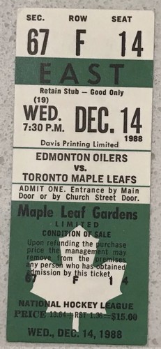 1988 Dec 14 used Toronto Maple vs Edmonton ticket stub East Sec 67 Row ...
