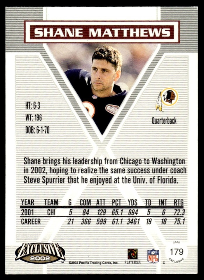 2002 Pacific Exclusive Gold Shane Matthews Washington Redskins #179 | eBay