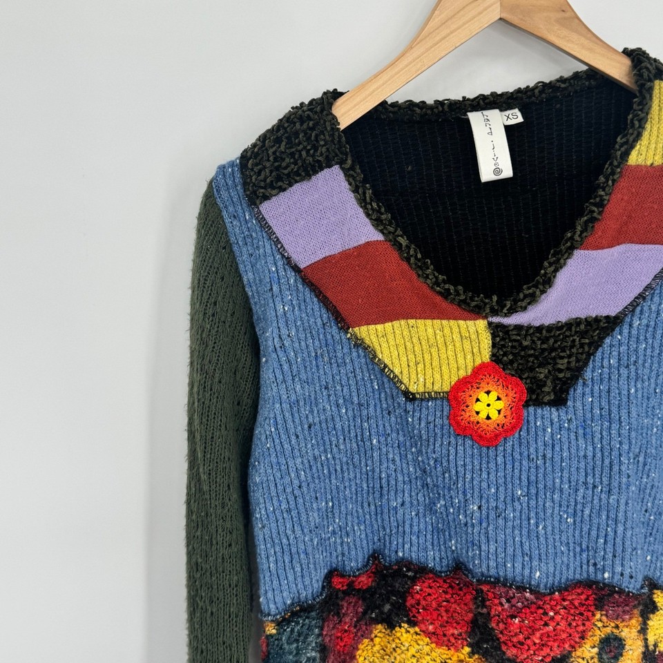 Hand Jive Patchwork Boho Eclectic Knit Sweater XS Artsy Retro Floral | eBay