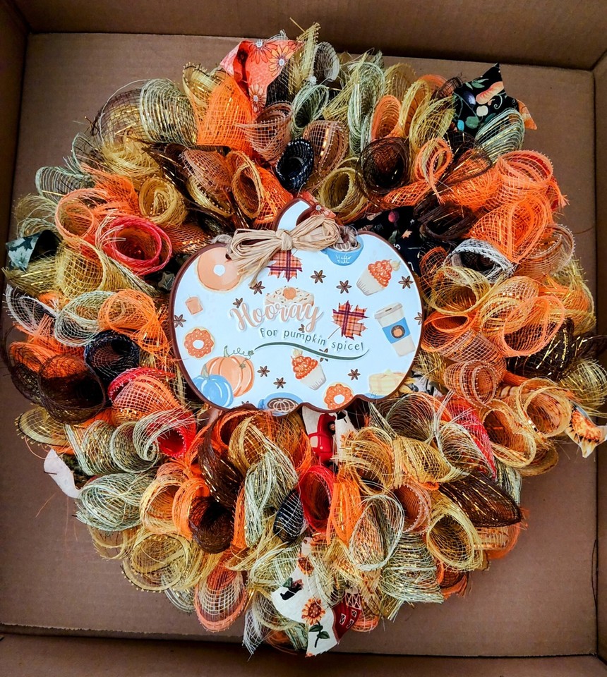 Handmade Seasonal Deco Mesh/Ribbon Wreath Fall Autumn Hooray Pumpkin ...