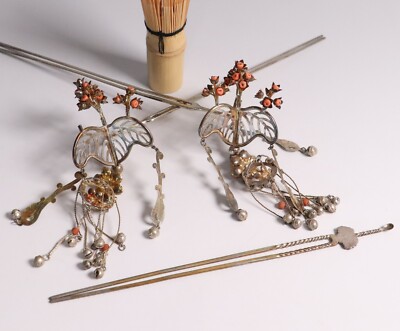 Japanese Silver&Coral Kanzashi Hairpin Set of 3 Geisha Accessory ...