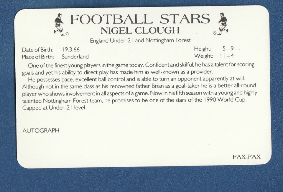 NIGEL CLOUGH 1989 Fax-Pax Soccer RC Football NOTTINGHAM FOREST Rookie ...