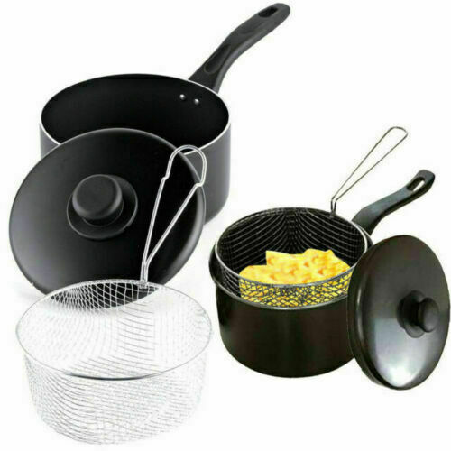 20cm Non Stick Aluminium Chip Pan with Wire Basket Fryer Saucepan Black ...