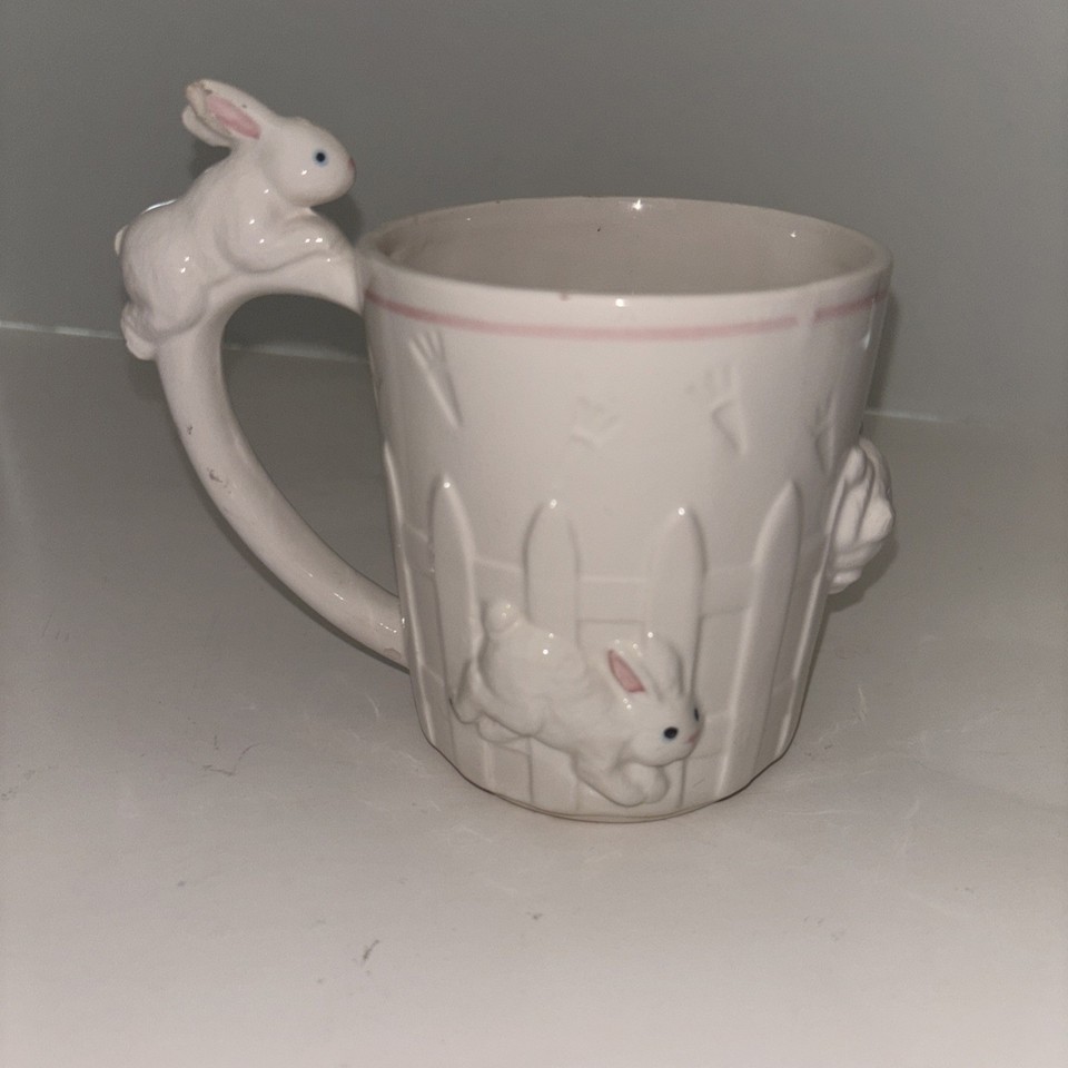 Rabbits & Fence Coffee Cup Mug Bunny 3D Carrot in Bottom - Ceramic ...