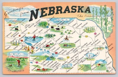 Nebraska State Pictoral Map, Landmarks & Attractions, Vintage Postcard ...