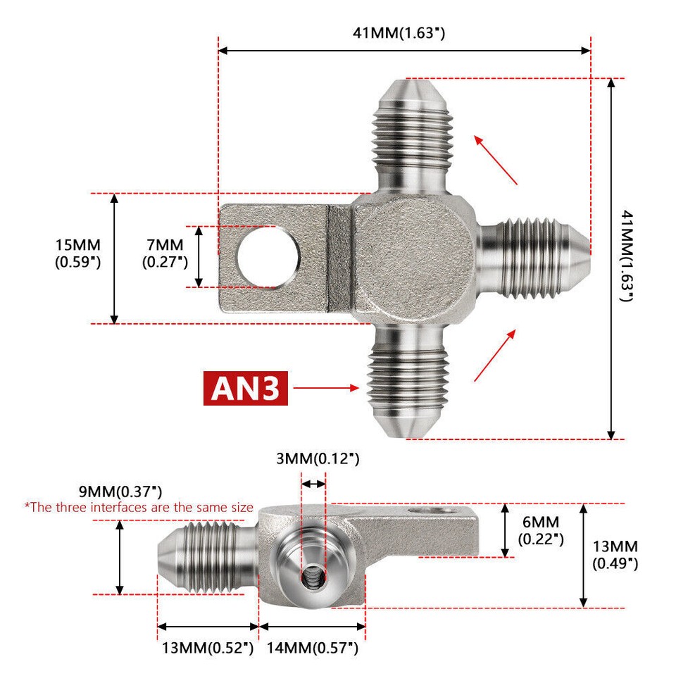 3AN AN-3 Stainless Steel AN3 3-Way Male Brake Hose Fitting Tee Adapter ...