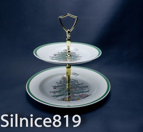Spode Christmas Tree Two Tier Tidbit Tray set Gold Hardware | eBay