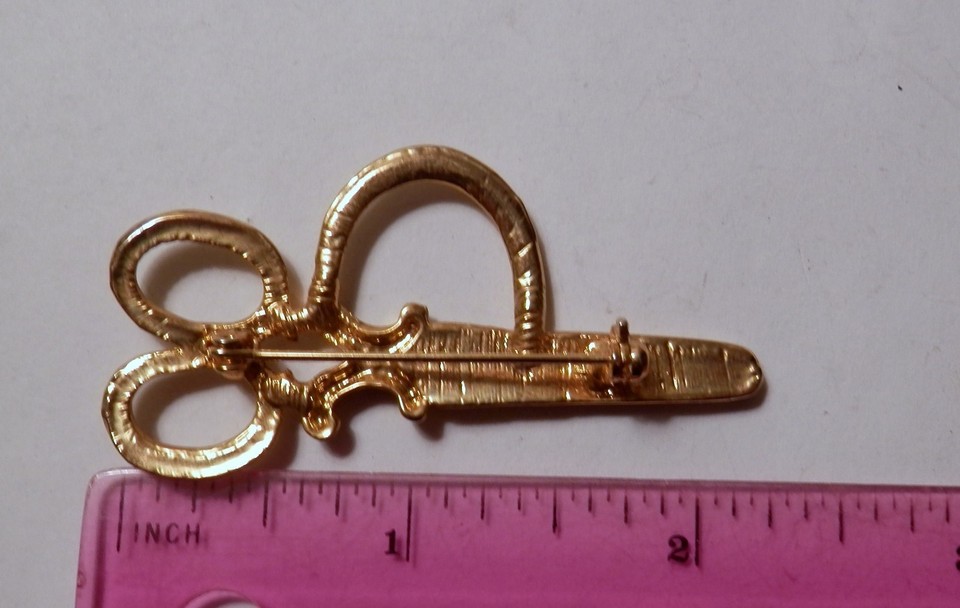 Large Gold Tone Hair Stylist Scissors Brooch w Rhinestones 2.25 ...
