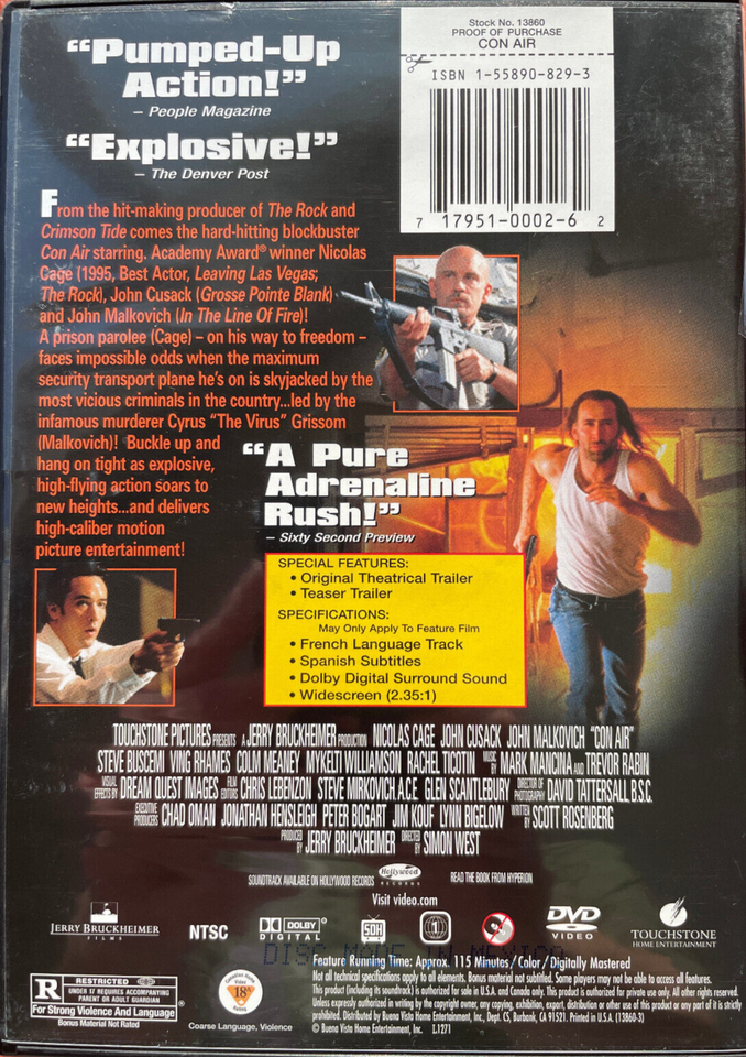 Con Air (DVD 1998 Touchstone Pictures) Nicolas Cage, John Cusack, John ...