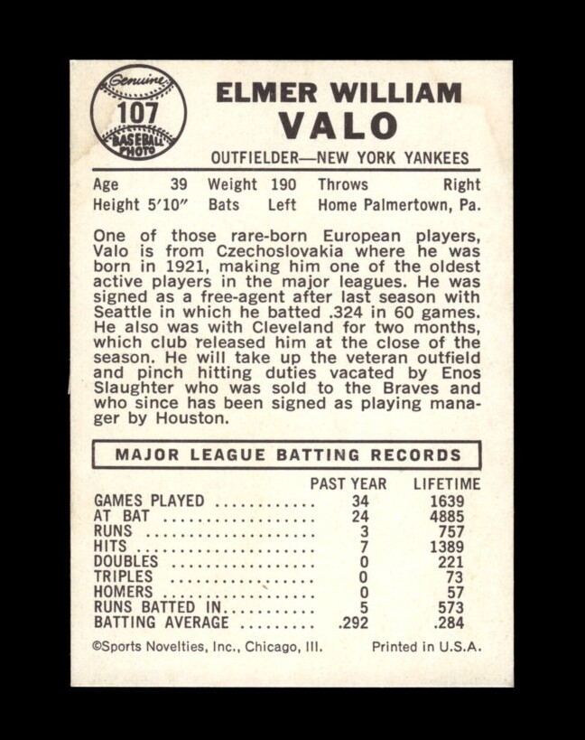 1960 Leaf Set-Break #107 Elmer Valo NR-MINT *GMCARDS* | eBay